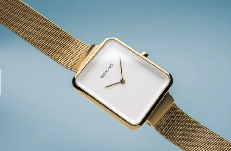 Bering Square Ladies gold watch w/mesh bracelet and white dial I 14528 ...